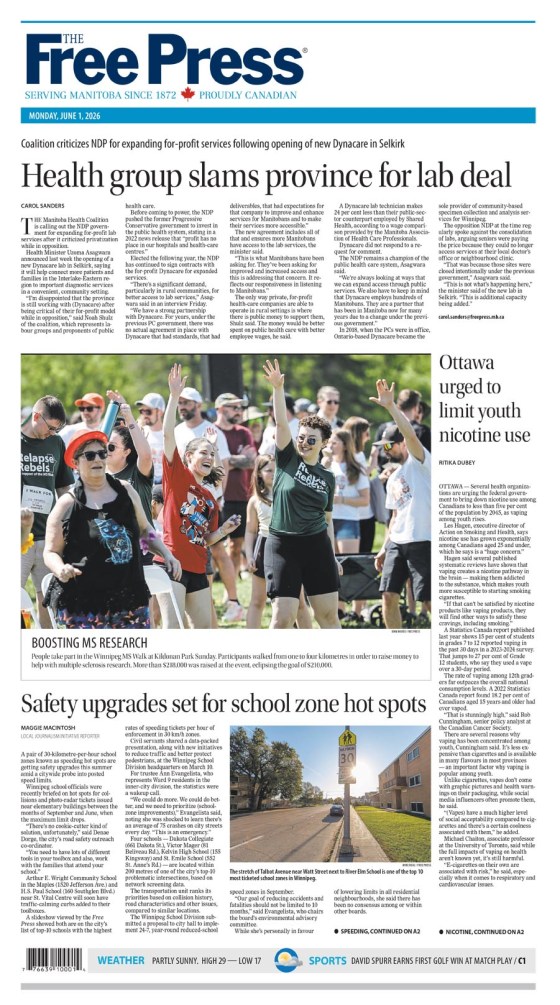 Free Press Head Start for June 1, 2026 – Winnipeg Free Press